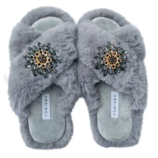 YOMISMA Faux Fur Slippers With Tourmaline Jewel Embellishments - Grey