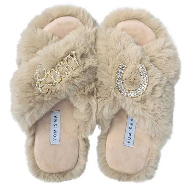 YOMISMA Recycled Faux Fur Slippers With Embellished Detail - Beige