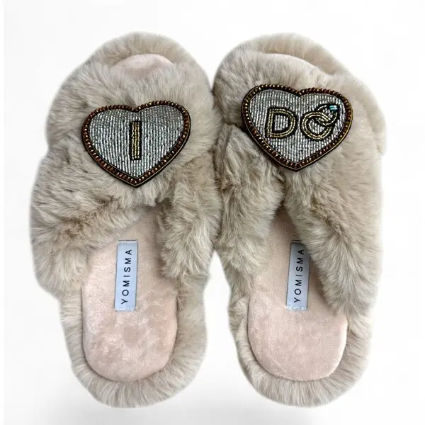 YOMISMA Neutrals Eco Faux Fur Slippers With Removable Hand-beaded "i Do" Brooches - Beige