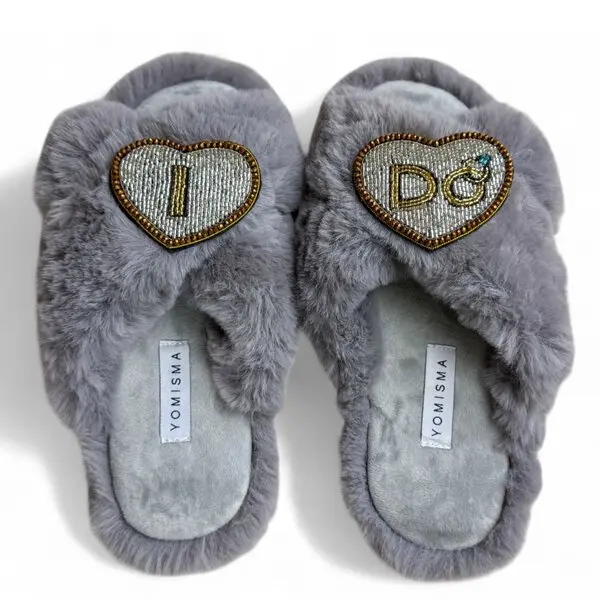 YOMISMA Eco Faux Fur Slippers With Removable Beaded Brooch - Grey
