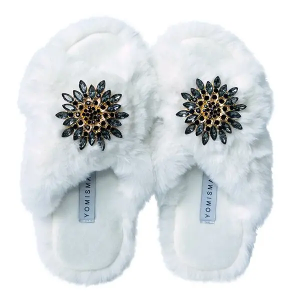 YOMISMA Faux Fur Slippers With Grey Tourmaline Jewel Embellishments - White