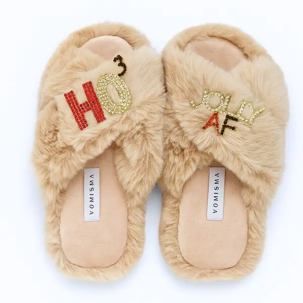 YOMISMA Eco Faux Fur Slippers With Rhinestone Brooches - Beige