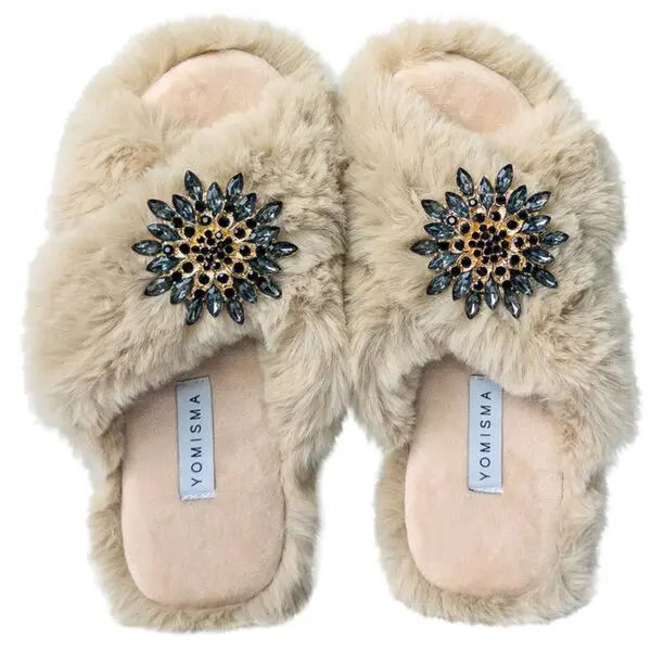 YOMISMA Faux Fur Slippers With Jewel Embellishments - Beige/gray