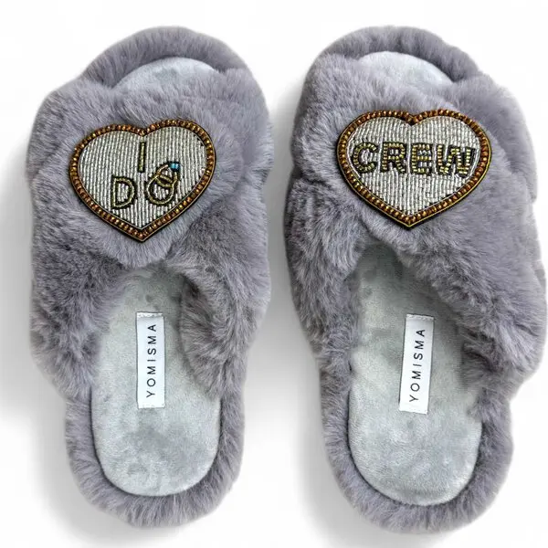 YOMISMA Eco Faux Fur Slippers With "i Do Crew" Beaded Brooches - Grey