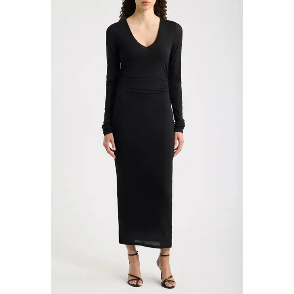 Sam Edelman Side Ruched Long Sleeve Maxi Dress - Black