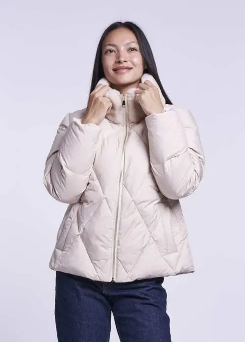 BLUE DUCK Quilted Down Cropped Jacket With Shearling Collar - Beige