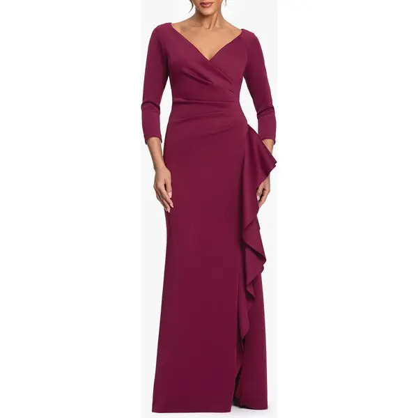XSCAPE EVENINGS Cascade Ruffle Scuba Crepe Gown - Wine