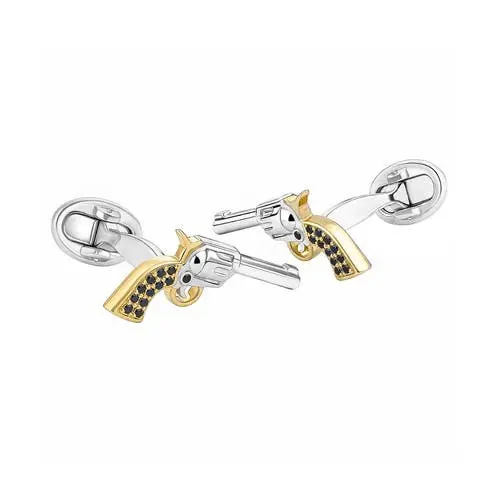 JAN LESLIE Pistol 24k Vermeil & Black Diamond Handle Sterling Cufflinks - Silver/black