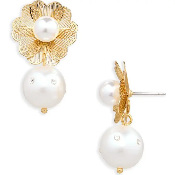 KENNETH JAY LANE Faux Pearl & Crystal Flower Drop Earrings - Gold