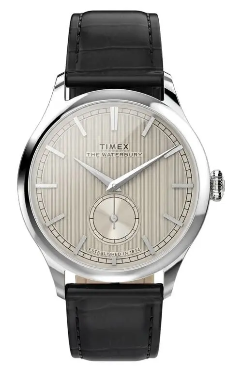 Timex® Waterbury Classic Round Stainless Steel Watch With Embossed Leather Strap - Black