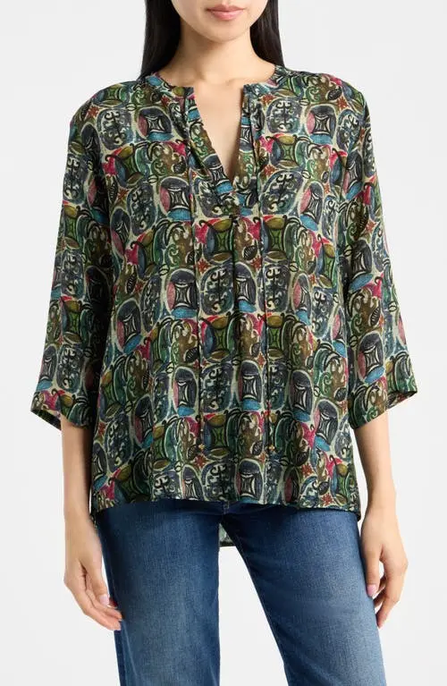 APNY Print Tassel Split Neck Chiffon Top - Moss/garnet Multi