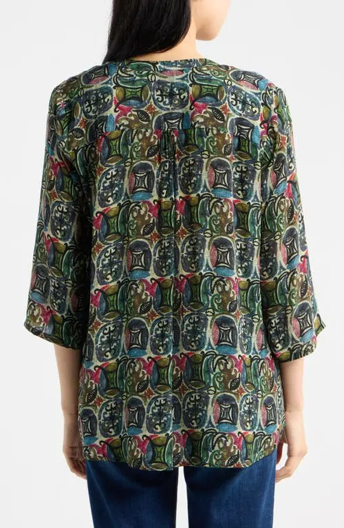 APNY Print Tassel Split Neck Chiffon Top