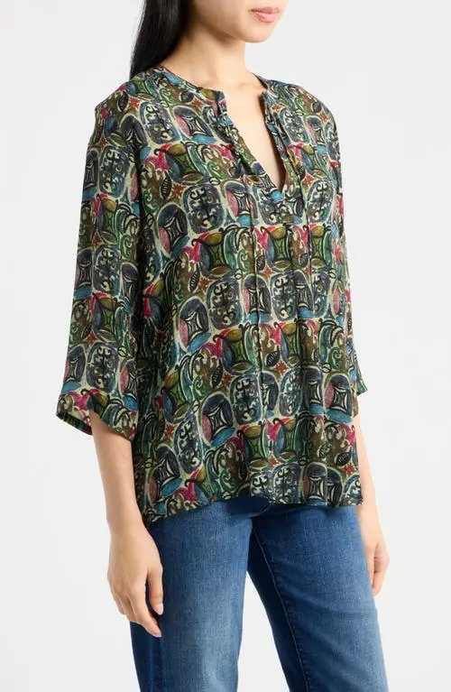 APNY Print Tassel Split Neck Chiffon Top