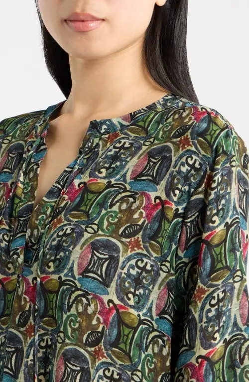 APNY Print Tassel Split Neck Chiffon Top