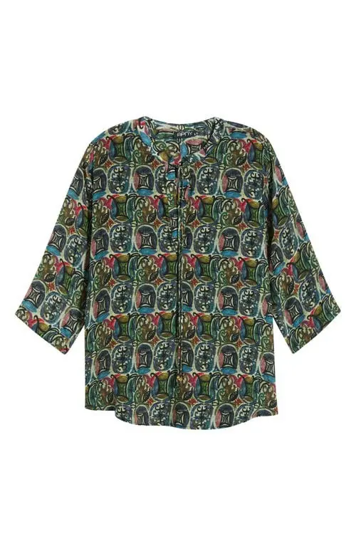 APNY Print Tassel Split Neck Chiffon Top