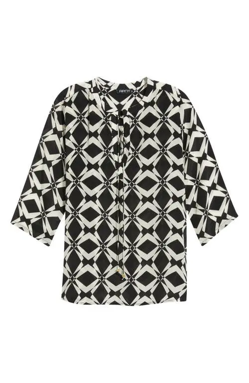 APNY Print Tassel Split Neck Chiffon Top - Midnight/ivory