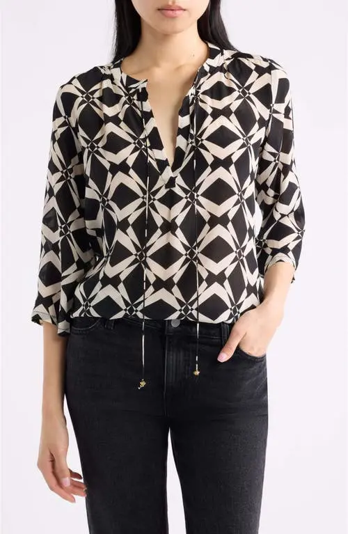 APNY Print Tassel Split Neck Top - Midnight/ivory