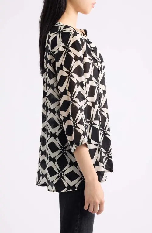 APNY Print Tassel Split Neck Top - Midnight/ivory