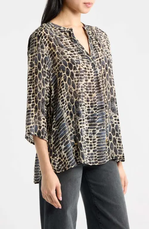 APNY Print Tassel Split Neck Chiffon Top