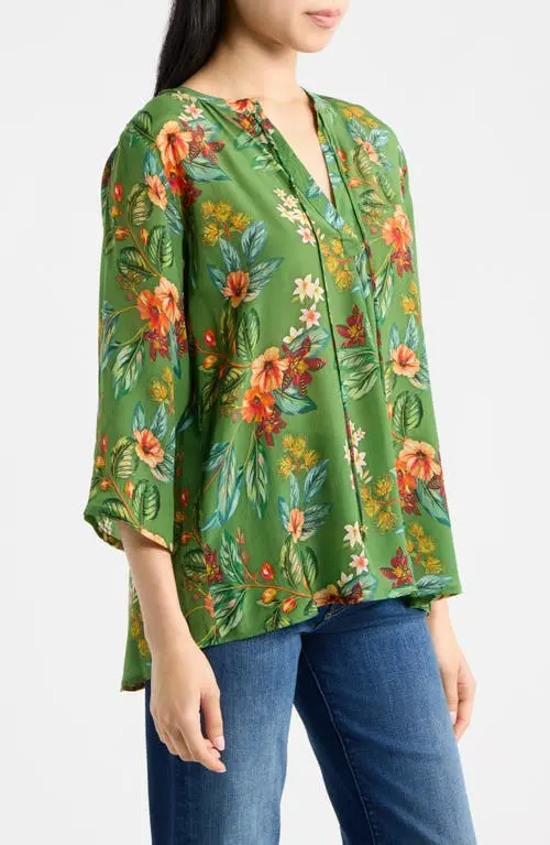 APNY Print Tassel Split Neck Chiffon Top