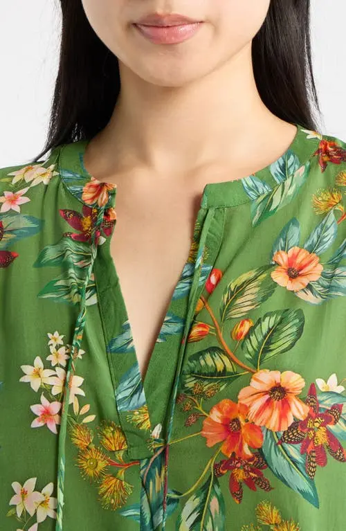 APNY Print Tassel Split Neck Chiffon Top