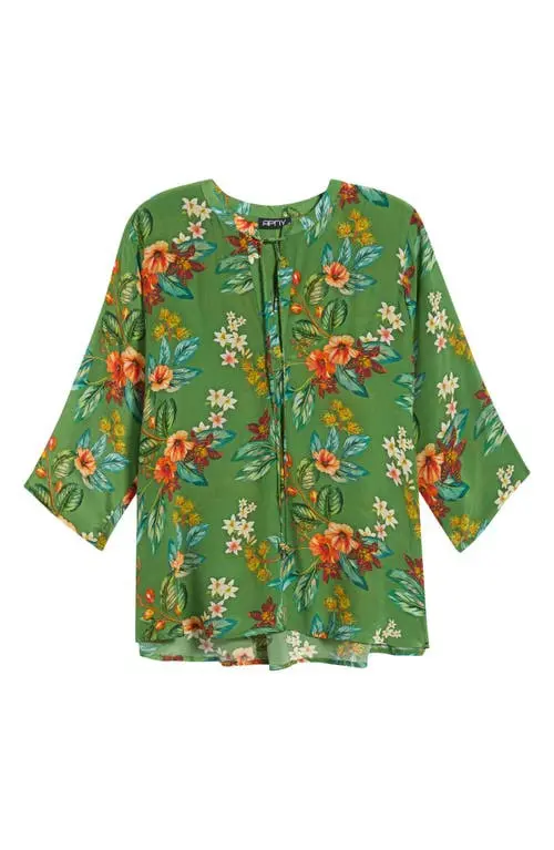 APNY Print Tassel Split Neck Chiffon Top
