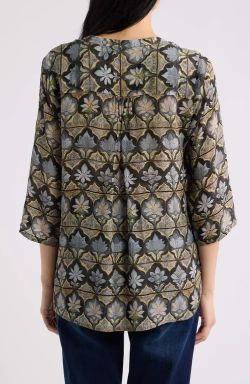 APNY Print Tassel Split Neck Chiffon Top - Sage/peweter Multi