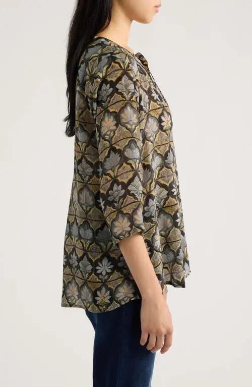 APNY Print Tassel Split Neck Chiffon Top - Sage/peweter Multi