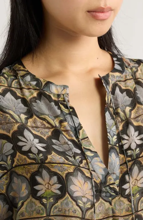 APNY Print Tassel Split Neck Chiffon Top - Sage/peweter Multi