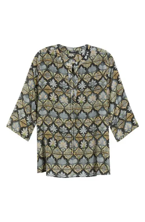 APNY Print Tassel Split Neck Chiffon Top - Sage/peweter Multi