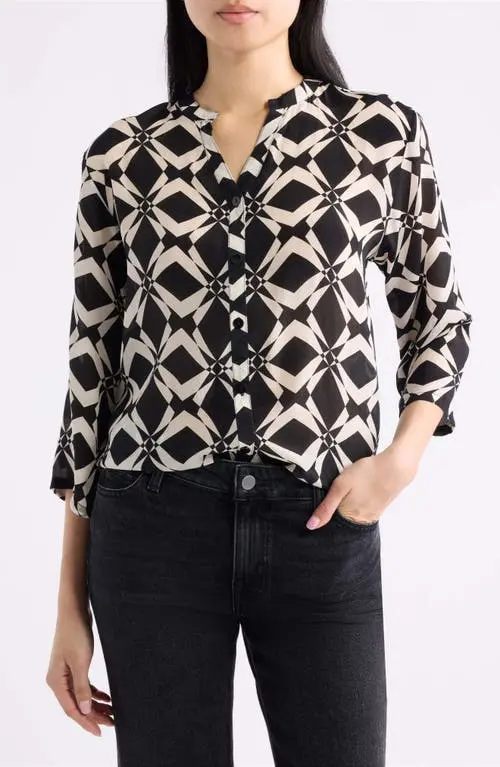 APNY Mandarin Collar Printed Button-up Shirt - Midnight/ivory