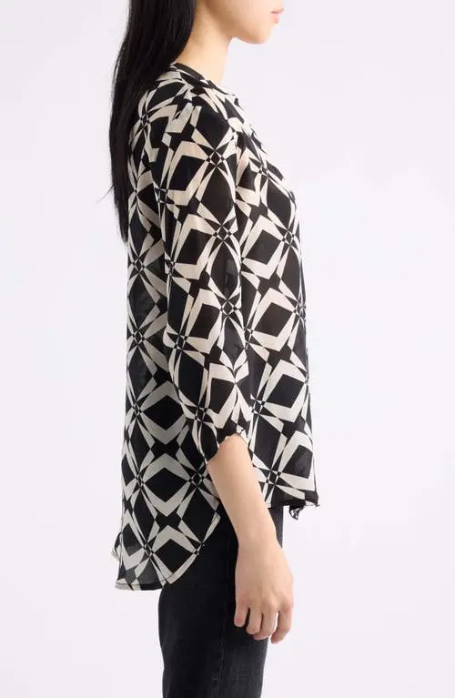 APNY Mandarin Collar Printed Button-up Shirt - Midnight/ivory