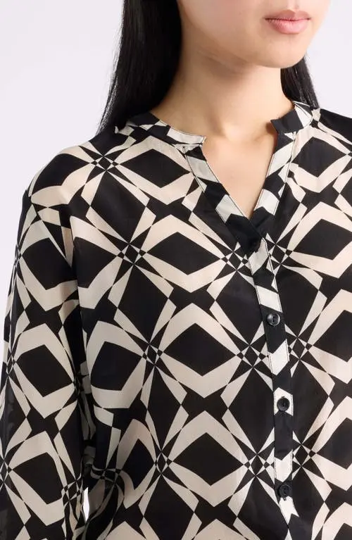 APNY Mandarin Collar Printed Button-up Shirt - Midnight/ivory