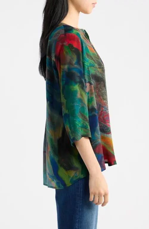 APNY Print Tassel Split Neck Chiffon Top