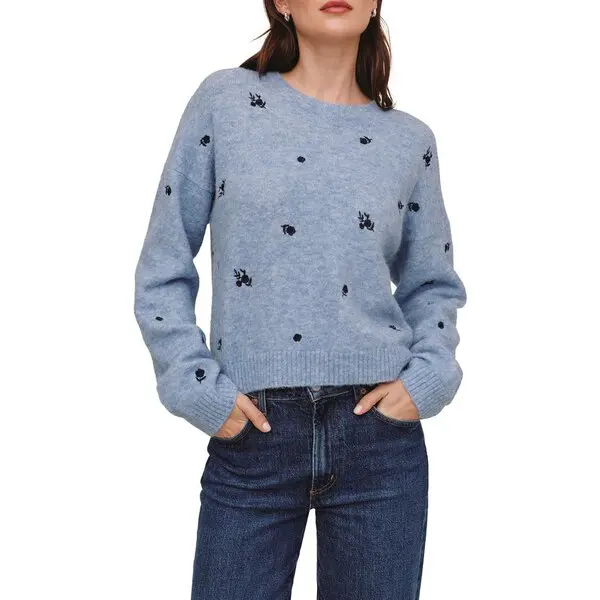 Bella Dahl Embroidered Wool Blend Crewneck Sweater - Blue Dream