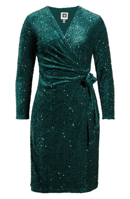 Anne Klein Sequin Long Sleeve Wrap Dress