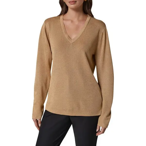 Donna Karan New York Metallic V-neck Ribbed Sweater - Gold