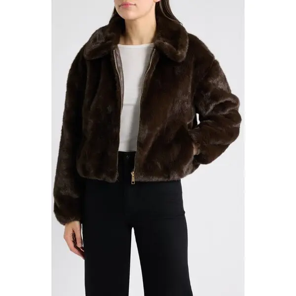 CECE DUPRAZ Zip Front Faux Fur Jacket - Chocolate