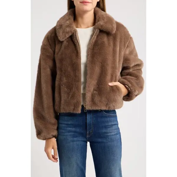 CECE DUPRAZ Zip Front Faux Fur Jacket - Mocha