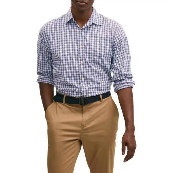 Brooks Brothers Plaid Performance Oxford Dress Shirt - White Navy Checkered