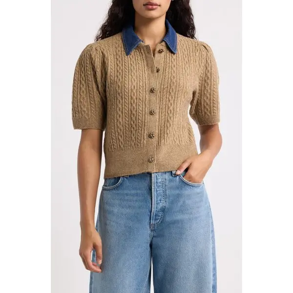 Love The Label Cable Knit Cardigan With Denim Collar