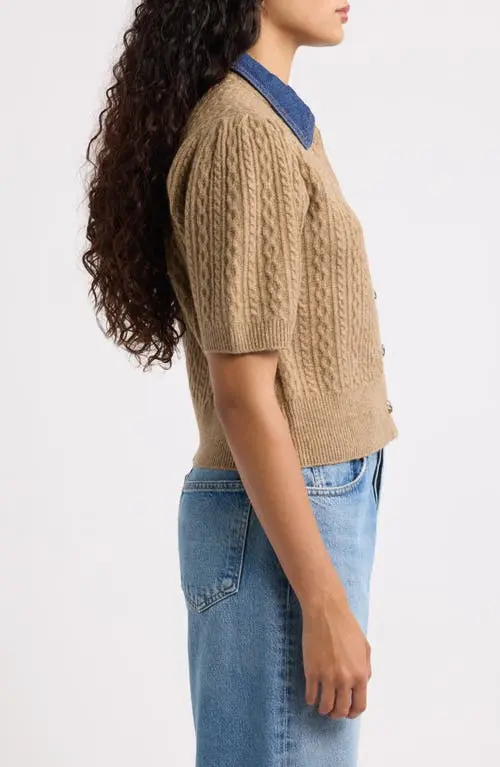 Love The Label Cable Knit Cardigan With Denim Collar