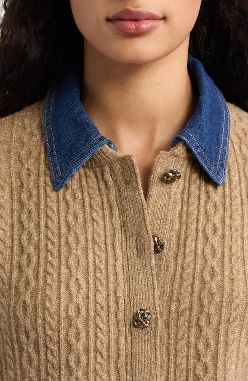 Love The Label Cable Knit Cardigan With Denim Collar