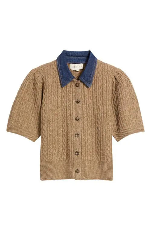 Love The Label Cable Knit Cardigan With Denim Collar