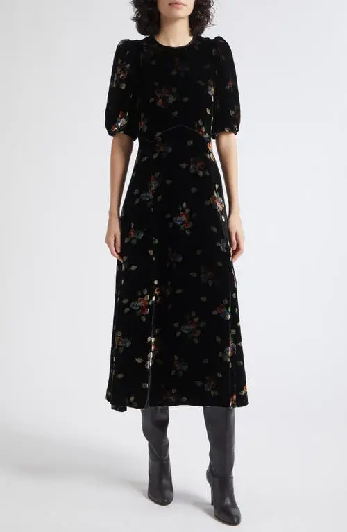 Sea Leda Velvet Puff Sleeve Midi Dress - Black