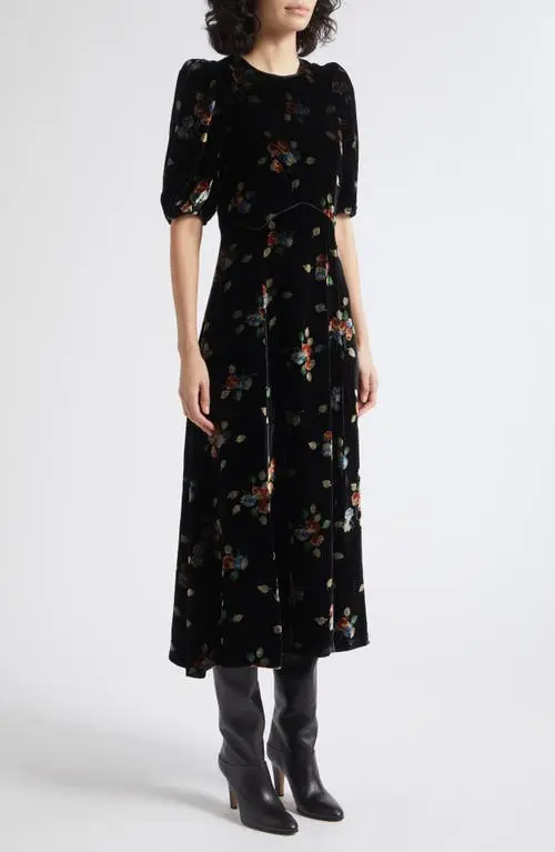 Sea Leda Velvet Puff Sleeve Midi Dress