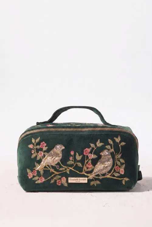 ELIZABETH SCARLETT Songbirds Secret Garden Velvet Open Flat Makeup Bag - Forest