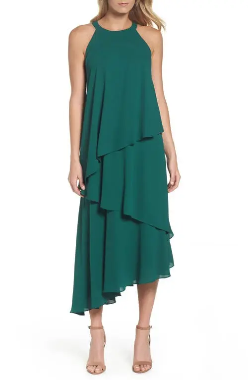 Maggy London Georgette Asymmetric Dress - Hunter