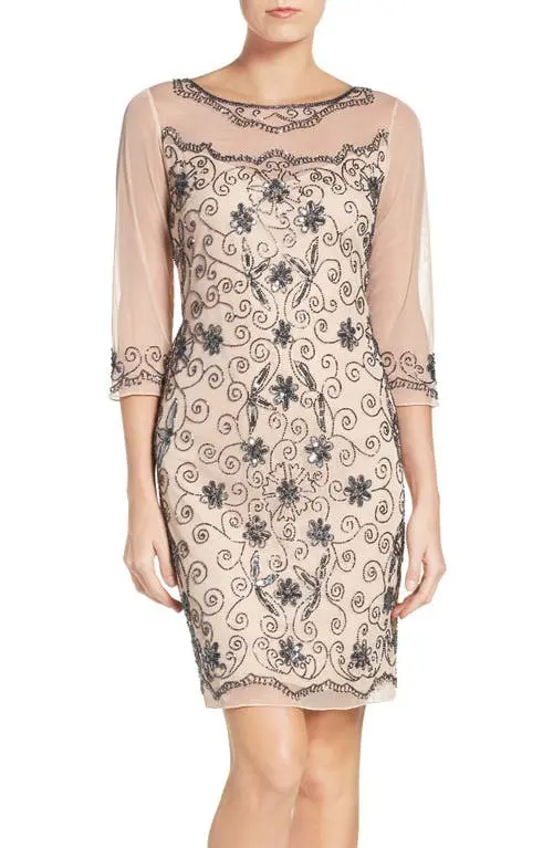 Pisarro Nights Beaded Mesh Sheath Dress