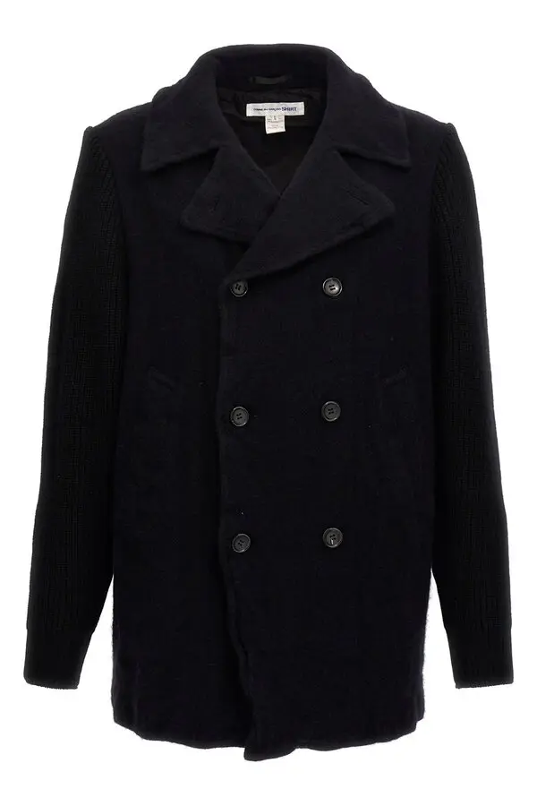 Comme Des Garçons Double-breasted Wool Coat With Knitted Sleeves